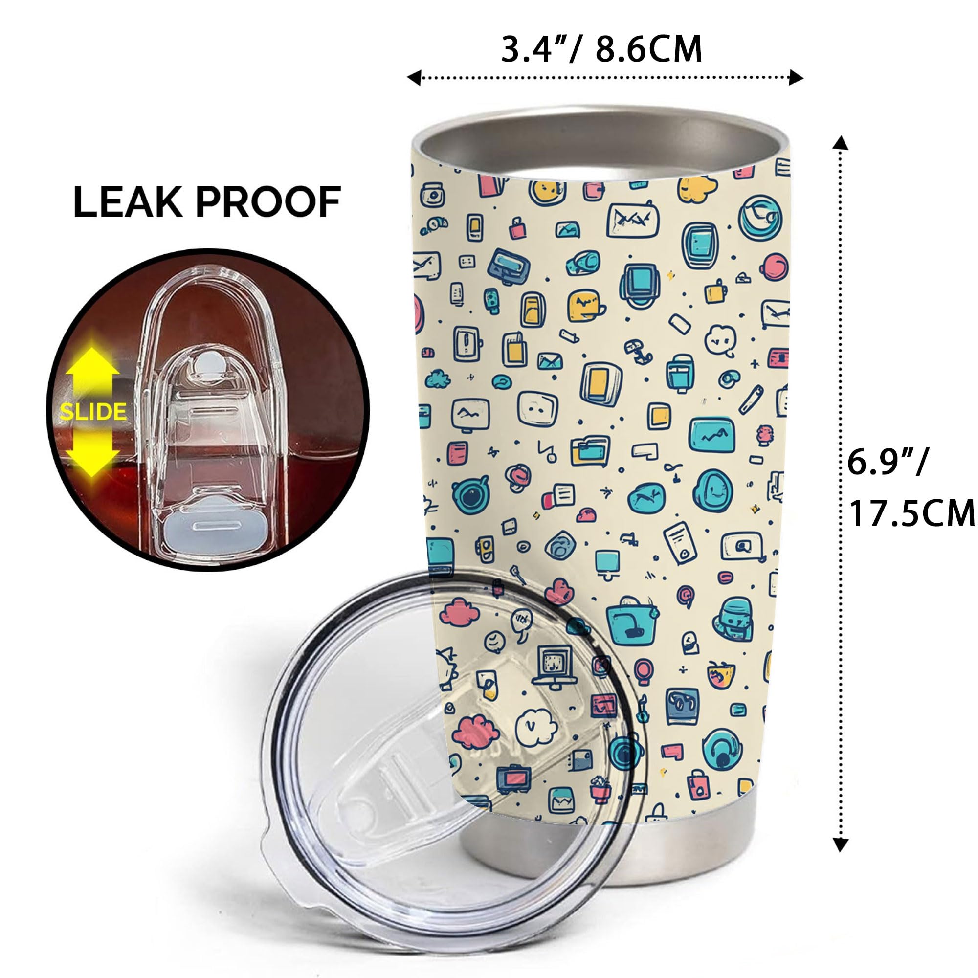 FOCIUZTA 20oz Tumbler with lid, Insulated Cup, Travel Coffee Mug, Ideal for Easter, Gaming Enthusiast, Mother’s Day, Birthday Gifts, Fun Tech Doodle Pattern