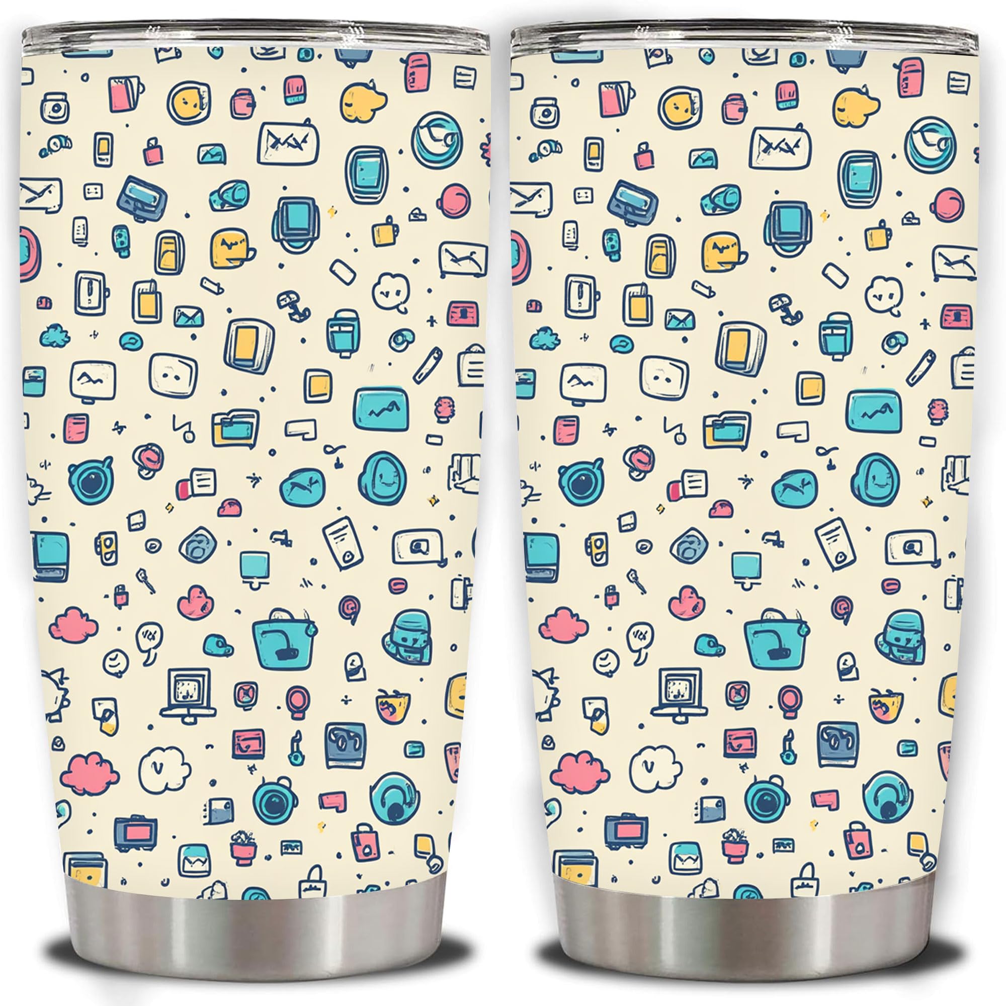 FOCIUZTA 20oz Tumbler with lid, Insulated Cup, Travel Coffee Mug, Ideal for Easter, Gaming Enthusiast, Mother’s Day, Birthday Gifts, Fun Tech Doodle Pattern