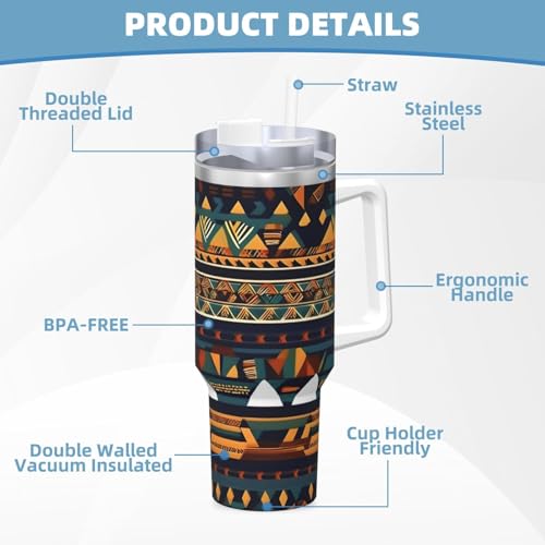 HULIBIN African Ethnic Pattern Print Double Deck Stainless Steel Travel Coffee Cup With Lid 40 Oz Ice Bully Cup