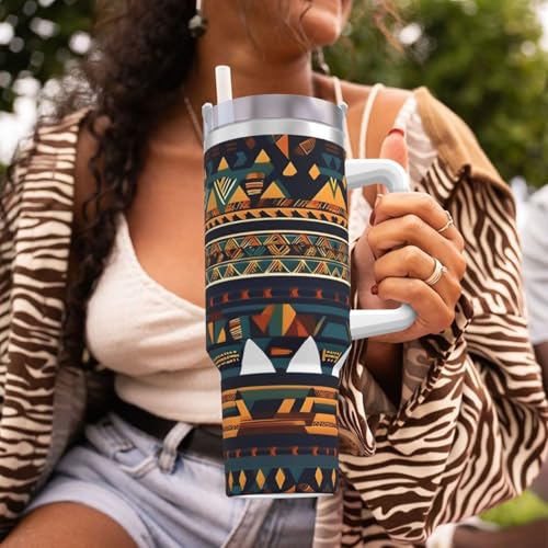 HULIBIN African Ethnic Pattern Print Double Deck Stainless Steel Travel Coffee Cup With Lid 40 Oz Ice Bully Cup