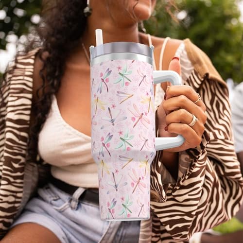 HULIBIN Hand painted dragonfly Print Double Deck Stainless Steel Travel Coffee Cup With Lid 40 Oz Ice Bully Cup