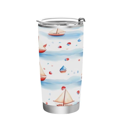 Wassud Boat Pattern 20 oz Tumbler with Lid and Straw Stainless Steel Double Wall Vacuum Tumblers Insulated Travel Coffee Mug for Cold and Hot Drinks