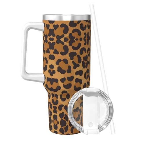 HULIBIN Yellow Leopard Print Double Deck Stainless Steel Travel Coffee Cup With Lid 40 Oz Ice Bully Cup