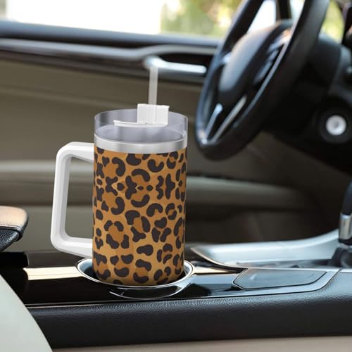 HULIBIN Yellow Leopard Print Double Deck Stainless Steel Travel Coffee Cup With Lid 40 Oz Ice Bully Cup