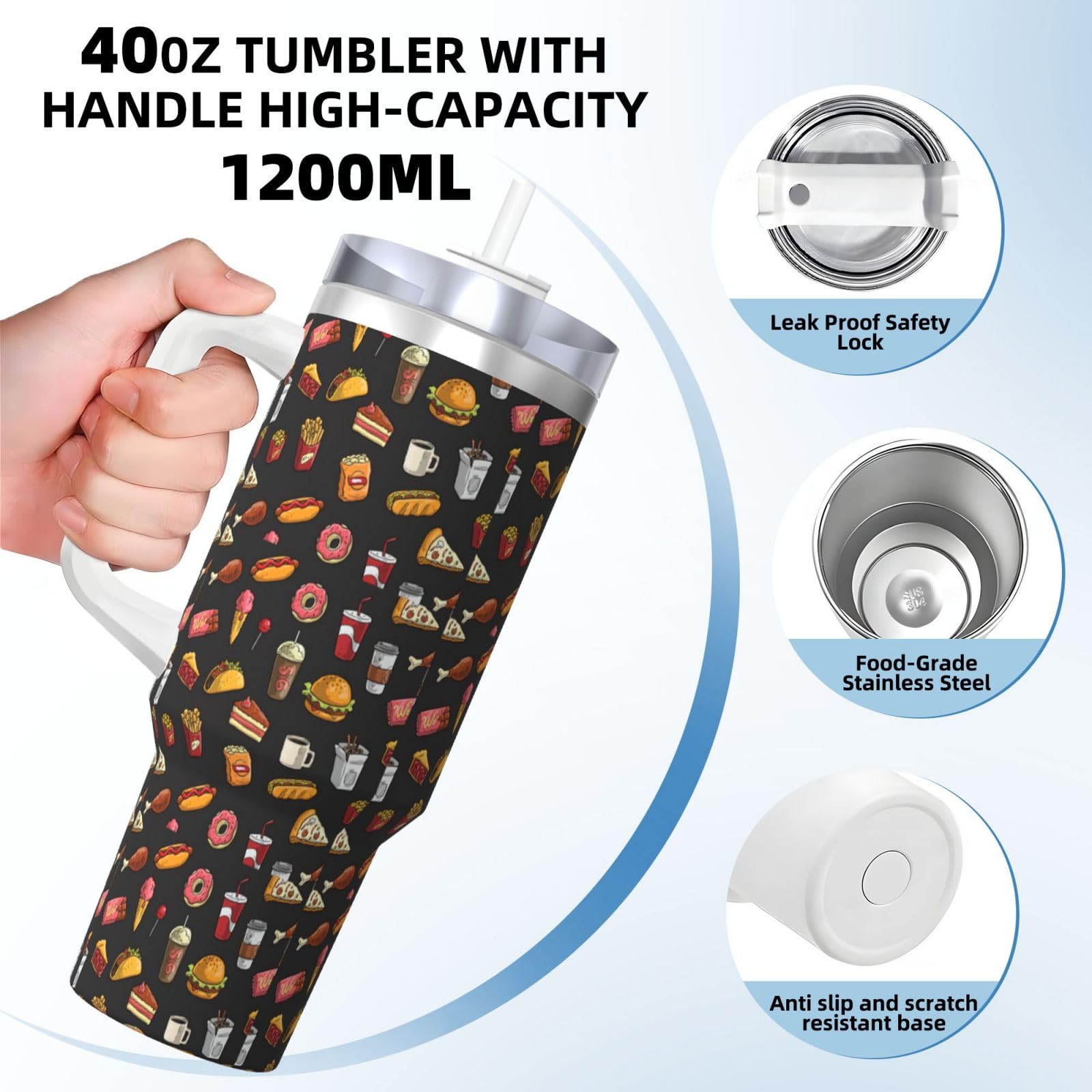 HULIBIN Chicken leg burger drink Print Double Deck Stainless Steel Travel Coffee Cup With Lid 40 Oz Ice Bully Cup
