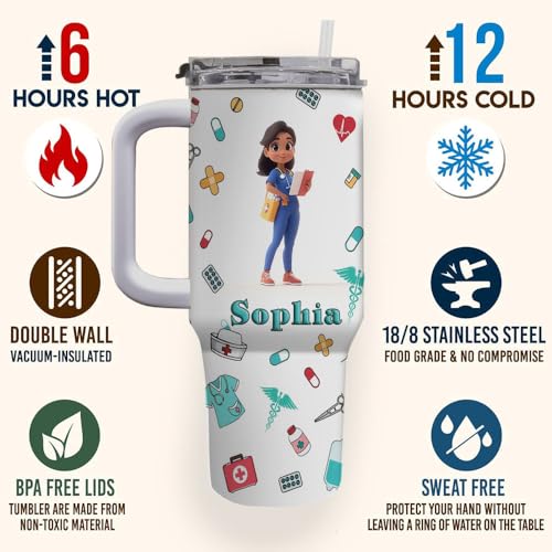 Personalized Nurse Tumbler 40oz -nurse medical anthropologist-Custom Name Insulated Travel Mug with Handle & Straw, Gift for Nurses, Medical Workers, Appreciation, Mother's Day 9w5DPN