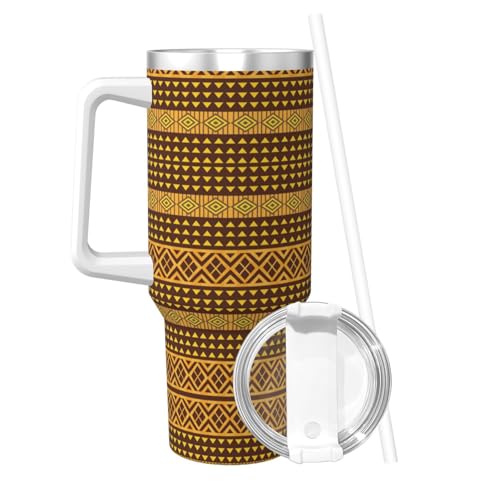 HULIBIN Yellow and Brown Triangles Print Double Deck Stainless Steel Travel Coffee Cup With Lid 40 Oz Ice Bully Cup