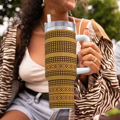 HULIBIN Yellow and Brown Triangles Print Double Deck Stainless Steel Travel Coffee Cup With Lid 40 Oz Ice Bully Cup