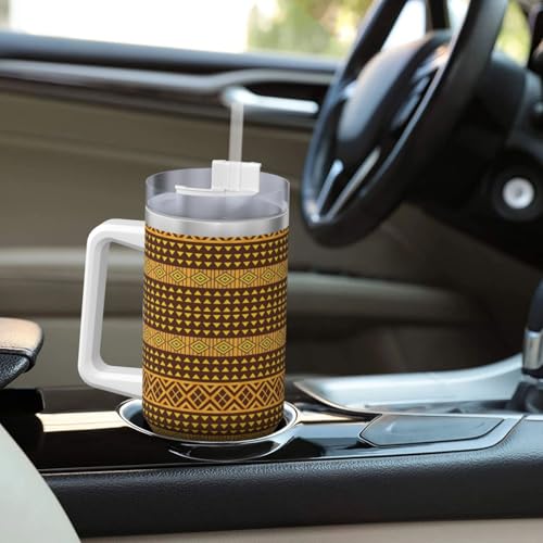 HULIBIN Yellow and Brown Triangles Print Double Deck Stainless Steel Travel Coffee Cup With Lid 40 Oz Ice Bully Cup
