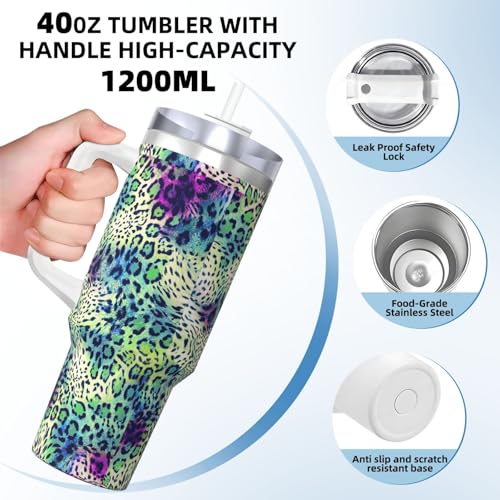 HULIBIN Green Leopard Print Double Deck Stainless Steel Travel Coffee Cup With Lid 40 Oz Ice Bully Cup