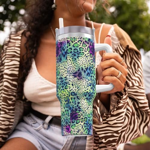 HULIBIN Green Leopard Print Double Deck Stainless Steel Travel Coffee Cup With Lid 40 Oz Ice Bully Cup