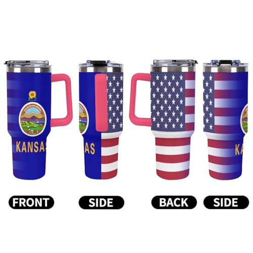 U.S.A Kansas State Flag 40oz Water Bottle Double Wall Insulated Tumbler with Handle Leakproof Travel Mug Light Rose Red-style