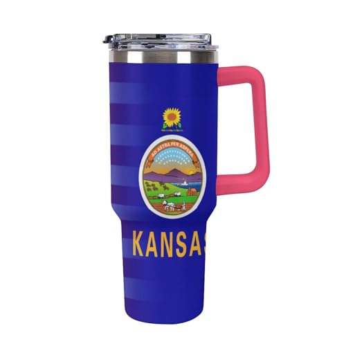 U.S.A Kansas State Flag 40oz Water Bottle Double Wall Insulated Tumbler with Handle Leakproof Travel Mug Light Rose Red-style