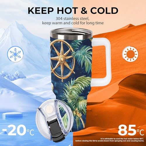 Skull Sailing Ship Parrot Coconut Tree 40oz Water Bottle Double Wall Insulated Tumbler with Handle Leakproof Travel Mug White-style