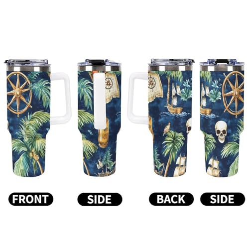 Skull Sailing Ship Parrot Coconut Tree 40oz Water Bottle Double Wall Insulated Tumbler with Handle Leakproof Travel Mug White-style