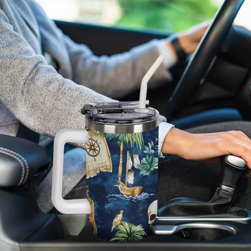 Skull Sailing Ship Parrot Coconut Tree 40oz Water Bottle Double Wall Insulated Tumbler with Handle Leakproof Travel Mug White-style