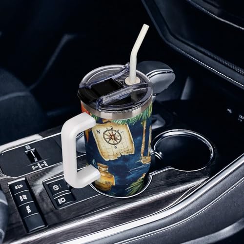 Skull Sailing Ship Parrot Coconut Tree 40oz Water Bottle Double Wall Insulated Tumbler with Handle Leakproof Travel Mug White-style