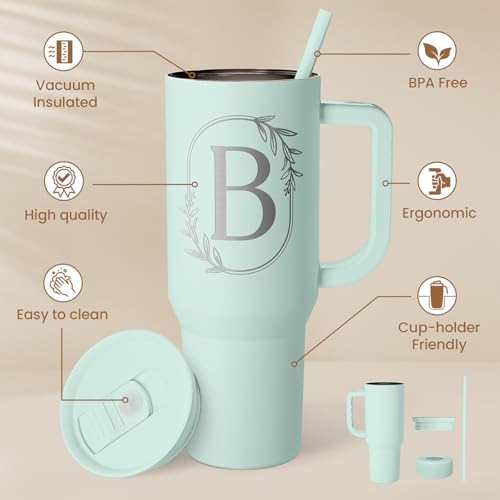 SANDJEST Stainless Steel Tumbler 40oz with Handle Initial B and Canvas Tote Bag