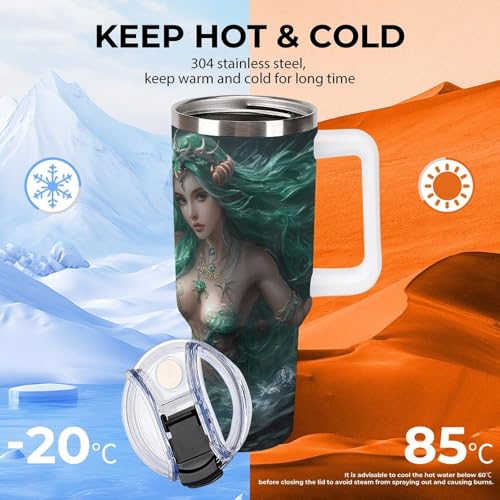 Ocean Goddess Dolphins Greek Myth 40oz Water Bottle Double Wall Insulated Tumbler with Handle Leakproof Travel Mug White-style
