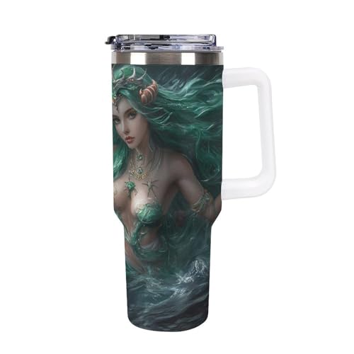 Ocean Goddess Dolphins Greek Myth 40oz Water Bottle Double Wall Insulated Tumbler with Handle Leakproof Travel Mug White-style