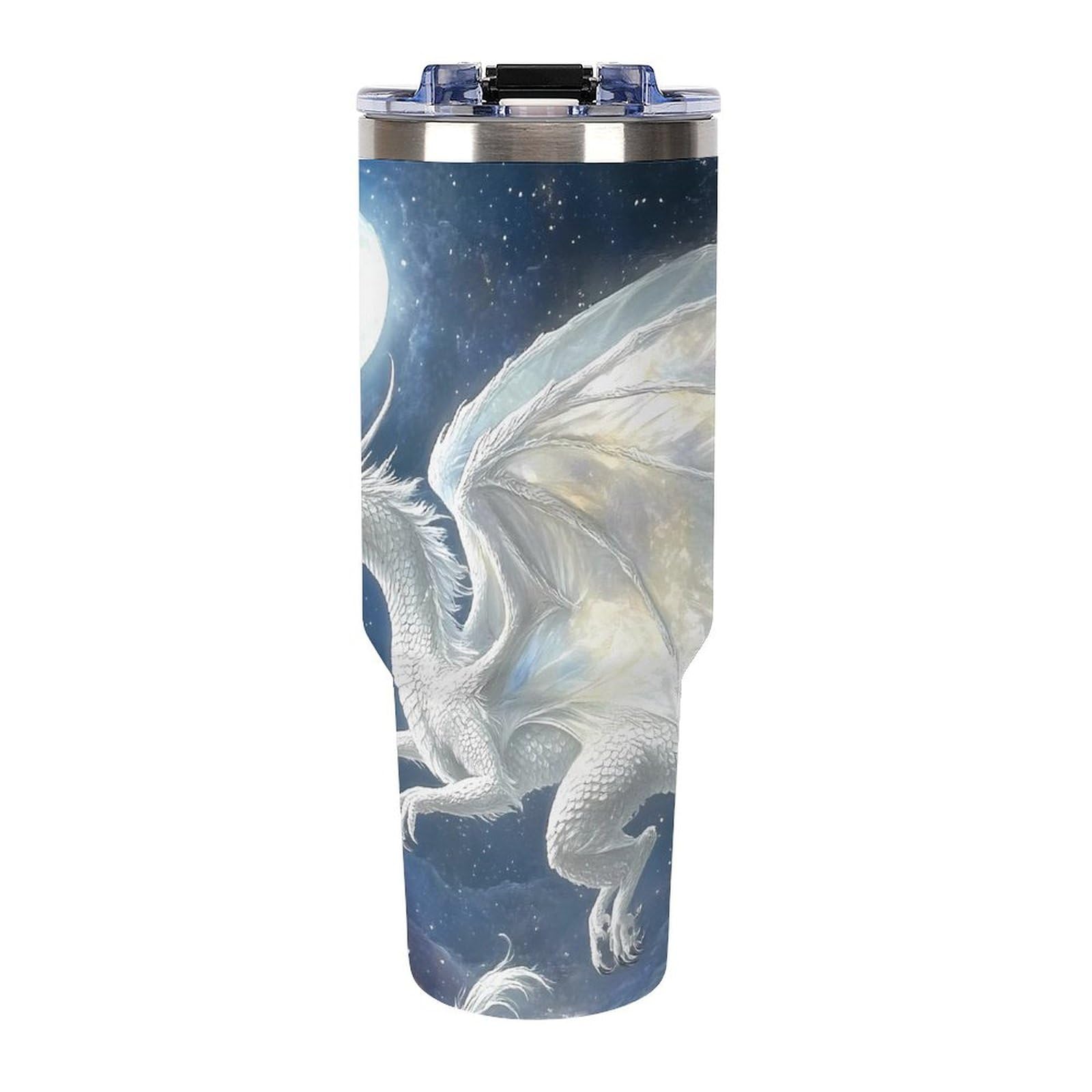 White Dragon Soaring Moon Moonlight 40oz Water Bottle Double Wall Insulated Tumbler with Handle Leakproof Travel Mug Light Rose Red-style