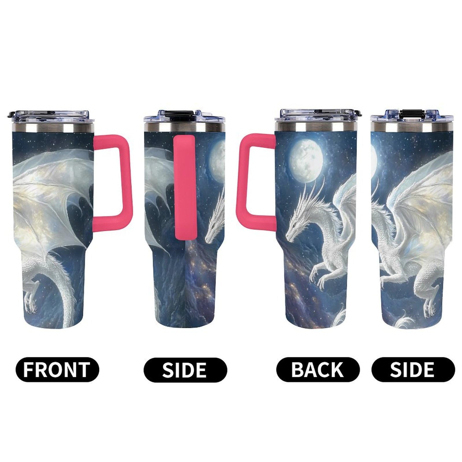 White Dragon Soaring Moon Moonlight 40oz Water Bottle Double Wall Insulated Tumbler with Handle Leakproof Travel Mug Light Rose Red-style