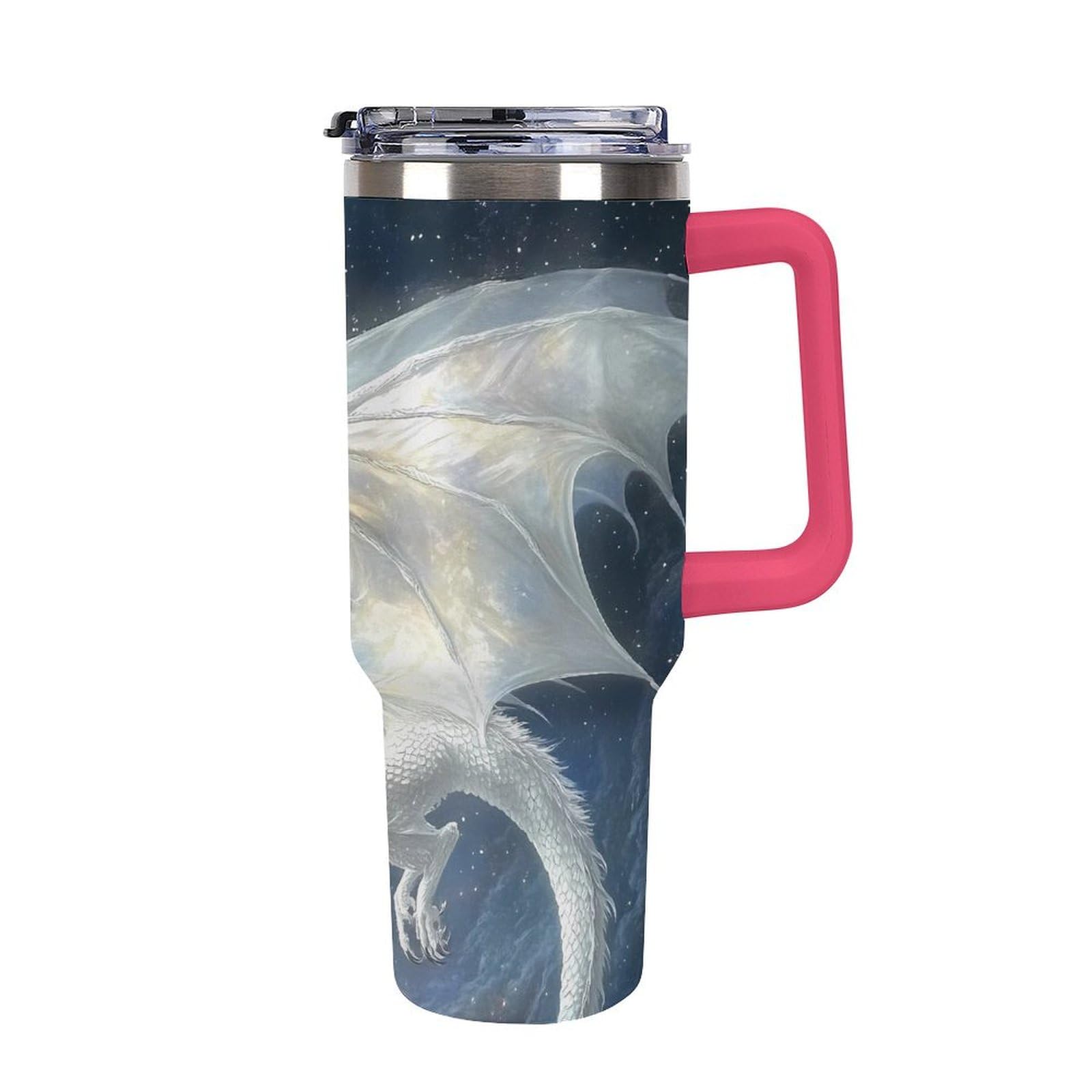 White Dragon Soaring Moon Moonlight 40oz Water Bottle Double Wall Insulated Tumbler with Handle Leakproof Travel Mug Light Rose Red-style