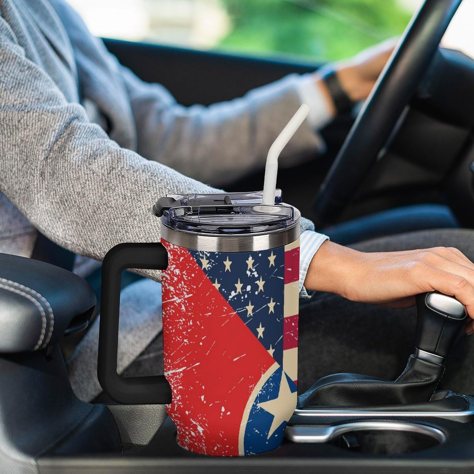 Vintage U.S.A And Tennessee State Flag 40oz Water Bottle Double Wall Insulated Tumbler with Handle Leakproof Travel Mug Black-style