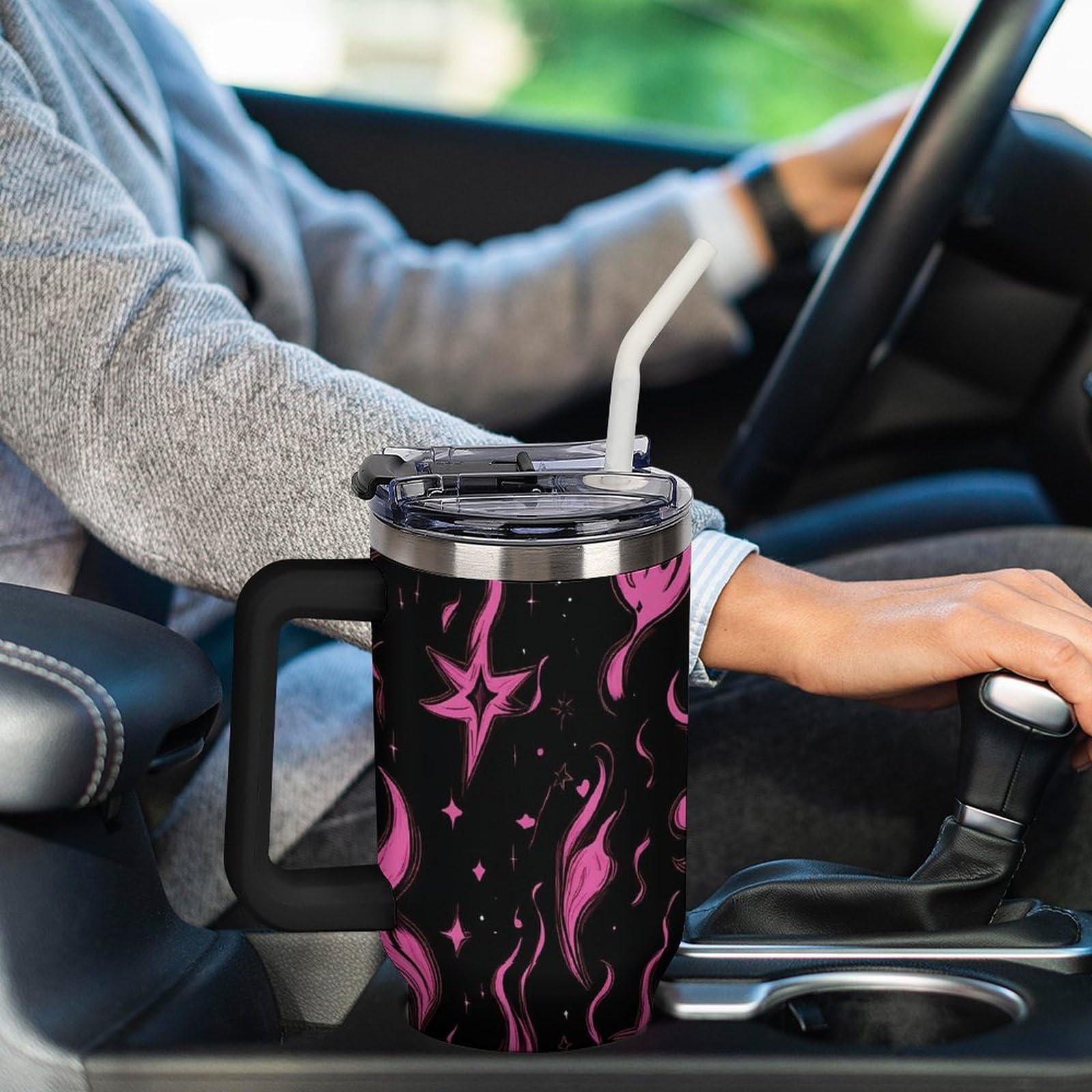 Y2K Flames Hearts Stars 40oz Water Bottle Double Wall Insulated Tumbler with Handle Leakproof Travel Mug Black-style