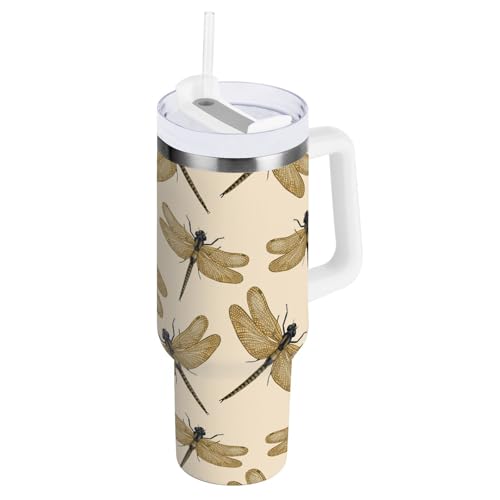 DIGTIA Stainless Steel Insulated Tumbler w/Handle & Straw, Dragonfly Double Wall Vacuum Travel Coffee Mug Cup w/Lid, Leak-Proof Sports Beige Water Bottle,40oz