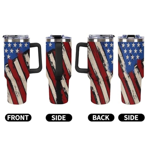 100% BLUE COLLAR Handle Tumbler for Women and Men, Cool American Flag Large Capacity Stainless Steel Cup with Rubber Ring and Straw, Water Bottle for Walking,Climbing
