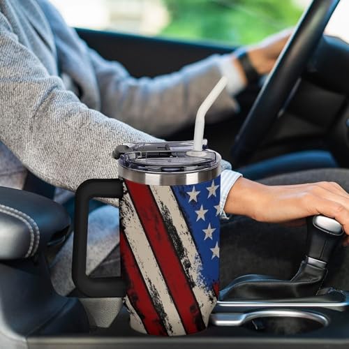 100% BLUE COLLAR Handle Tumbler for Women and Men, Cool American Flag Large Capacity Stainless Steel Cup with Rubber Ring and Straw, Water Bottle for Walking,Climbing