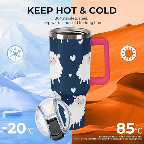 Cute Sheep Pattern 40oz Water Bottle Double Wall Insulated Tumbler with Handle Leakproof Travel Mug Light Rose Red-style