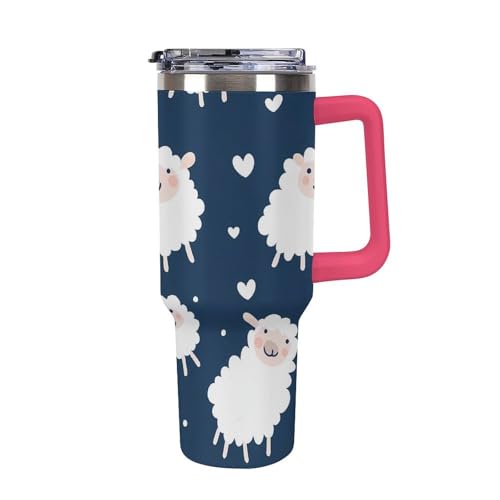 Cute Sheep Pattern 40oz Water Bottle Double Wall Insulated Tumbler with Handle Leakproof Travel Mug Light Rose Red-style