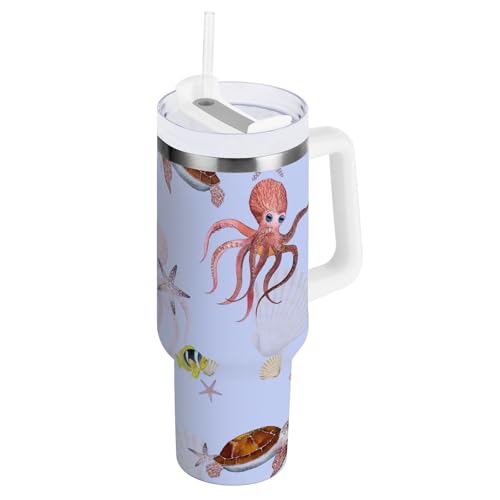 DIGTIA Stainless Steel Insulated Tumbler w/Handle & Straw, Turtles Octopus Double Wall Vacuum Travel Coffee Mug Cup w/Lid, Leak-Proof Sports Fish Sea Water Bottle,30oz