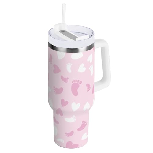 DIGTIA Stainless Steel Insulated Tumbler w/Handle & Straw, Pink Heart Double Wall Vacuum Travel Coffee Mug Cup w/Lid, Leak-Proof Sports Cute Water Bottle,40oz