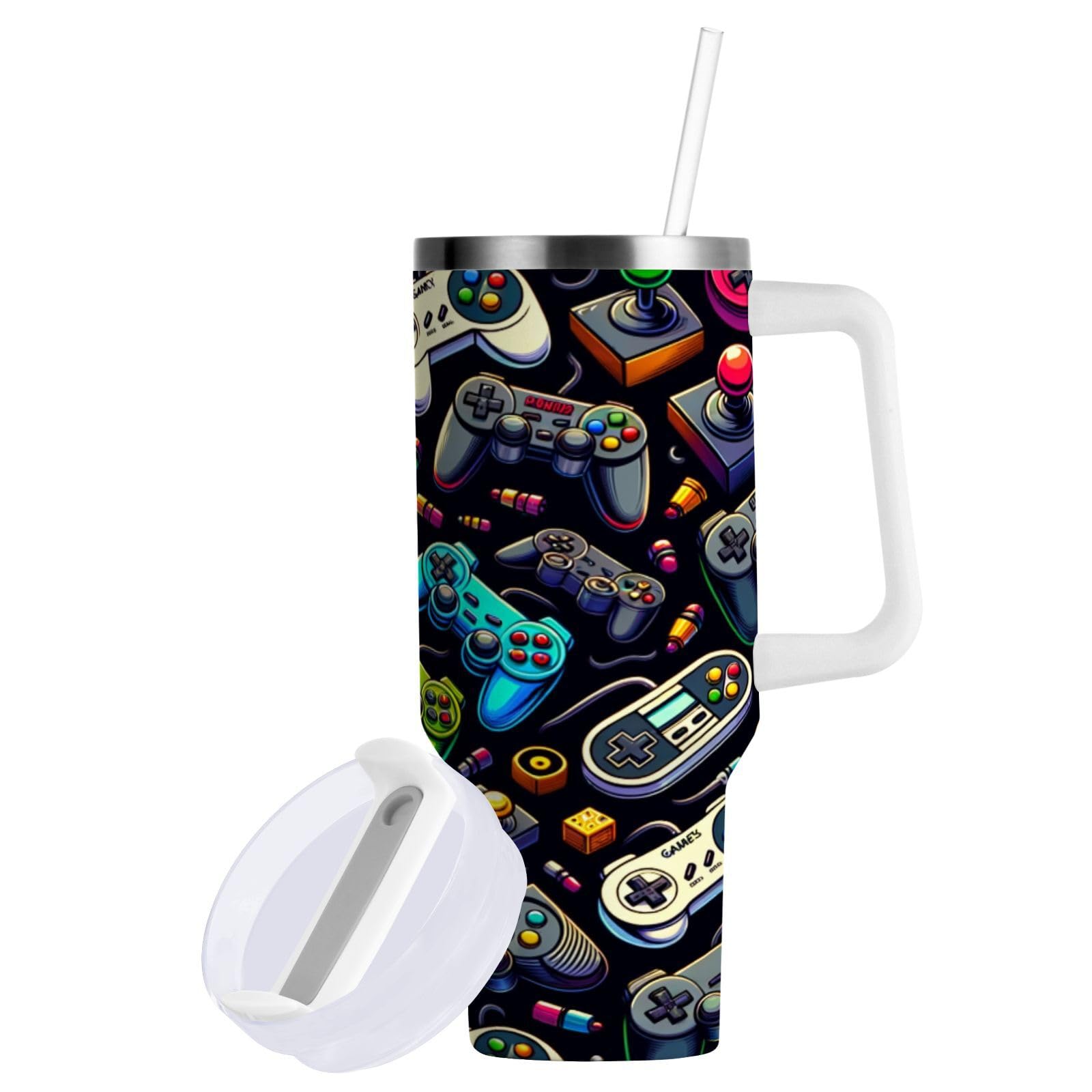 Jihqo Various Gamepads 40 oz Stainless Steel Vacuum Insulated Tumbler with Handle and Straw Lid, Leakproof Water Bottle Double Wall Travel Mug Coffee Cup, Cupholder Friendly