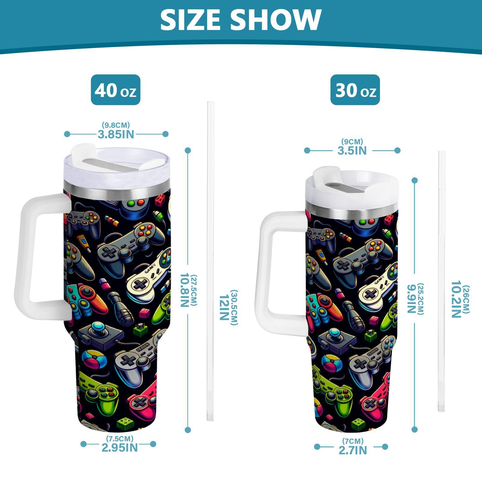 Jihqo Various Gamepads 40 oz Stainless Steel Vacuum Insulated Tumbler with Handle and Straw Lid, Leakproof Water Bottle Double Wall Travel Mug Coffee Cup, Cupholder Friendly