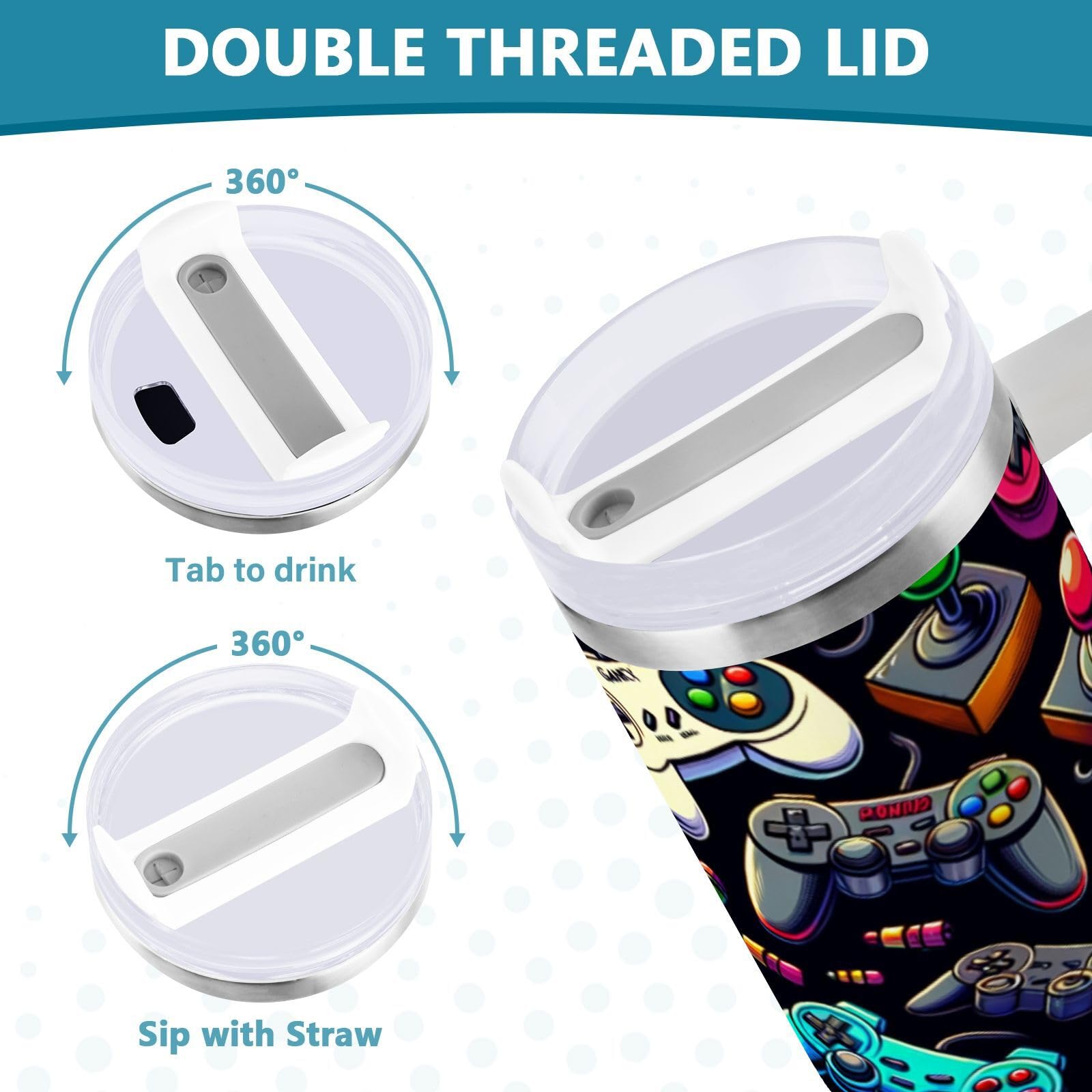 Jihqo Various Gamepads 40 oz Stainless Steel Vacuum Insulated Tumbler with Handle and Straw Lid, Leakproof Water Bottle Double Wall Travel Mug Coffee Cup, Cupholder Friendly