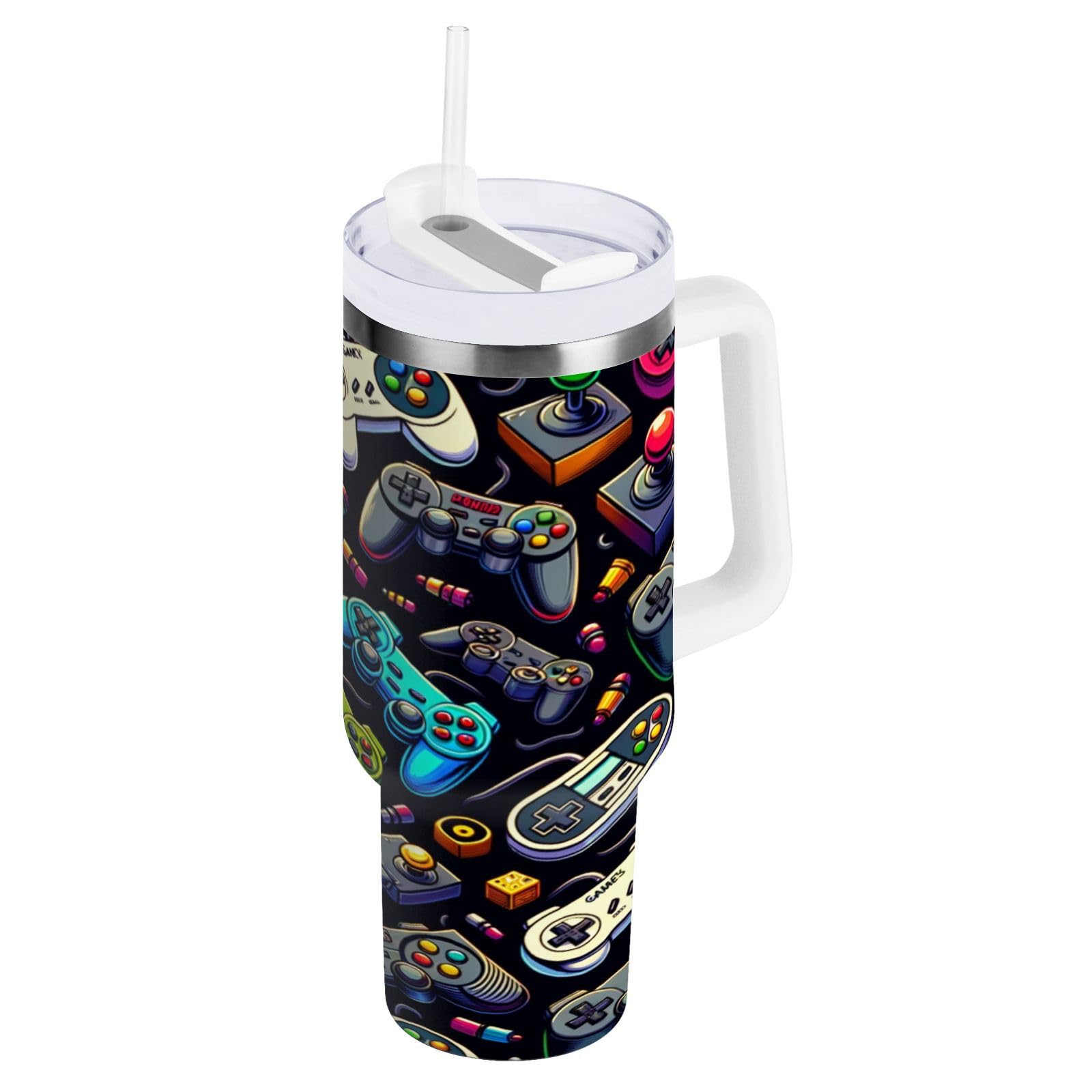 Jihqo Various Gamepads 40 oz Stainless Steel Vacuum Insulated Tumbler with Handle and Straw Lid, Leakproof Water Bottle Double Wall Travel Mug Coffee Cup, Cupholder Friendly