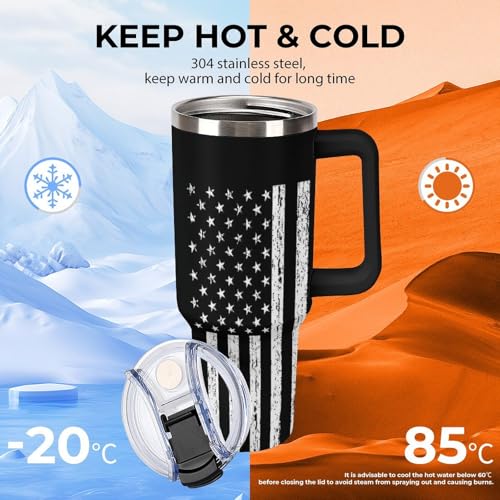 100% BLUE COLLAR 40 oz Water Bottle with Handle and Straw, Cool American Flag Large Capacity Leak Resistant Tumbler -Fits in Cup Holder for Travel, Work