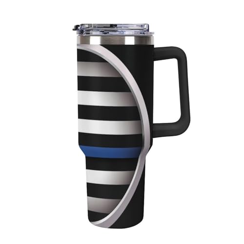 40 oz Tumbler, Large Capacity with Handle and Straw Travel Insulated Tumblers, Thin Blue Line American Flag Ring Black Stainless Steel Cup for Women, Men
