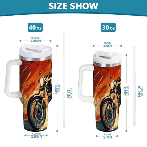 Jihqo Retro Skeleton Motorcycle 40 oz Stainless Steel Vacuum Insulated Tumbler with Handle and Straw Lid, Leakproof Water Bottle Double Wall Travel Mug Coffee Cup, Cupholder Friendly