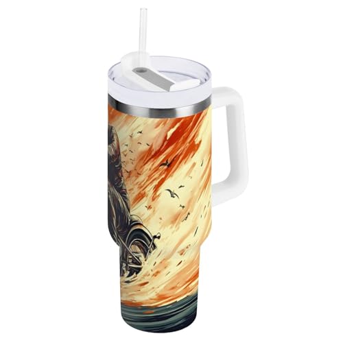 Jihqo Retro Skeleton Motorcycle 40 oz Stainless Steel Vacuum Insulated Tumbler with Handle and Straw Lid, Leakproof Water Bottle Double Wall Travel Mug Coffee Cup, Cupholder Friendly