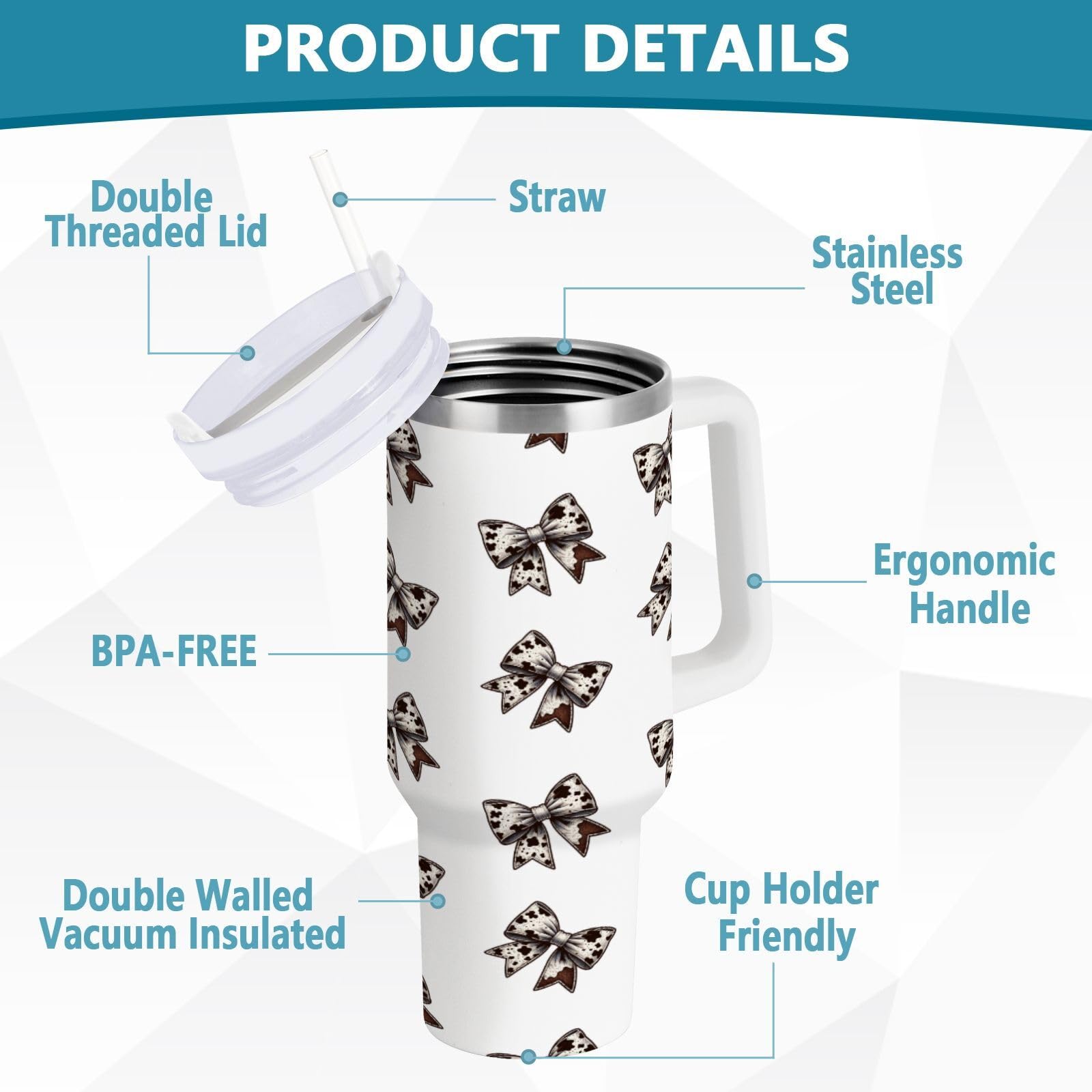 Jihqo Cow Print Bows 40 oz Stainless Steel Vacuum Insulated Tumbler with Handle and Straw Lid, Leakproof Water Bottle Double Wall Travel Mug Coffee Cup, Cupholder Friendly