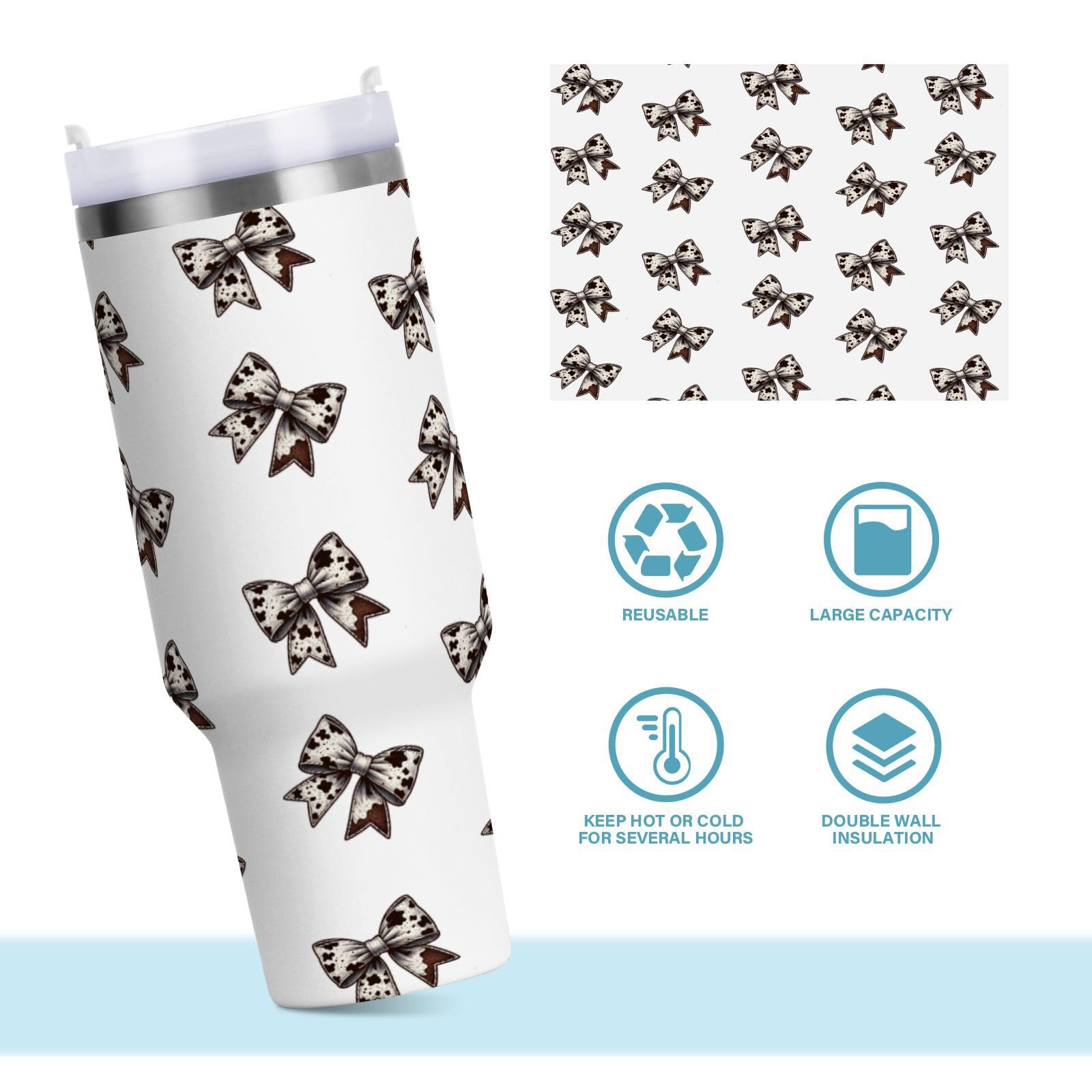 Jihqo Cow Print Bows 40 oz Stainless Steel Vacuum Insulated Tumbler with Handle and Straw Lid, Leakproof Water Bottle Double Wall Travel Mug Coffee Cup, Cupholder Friendly