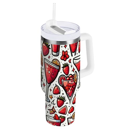 Jihqo Stropical Strawberry Cocktails 40 oz Stainless Steel Vacuum Insulated Tumbler with Handle and Straw Lid, Leakproof Water Bottle Double Wall Travel Mug Coffee Cup, Cupholder Friendly