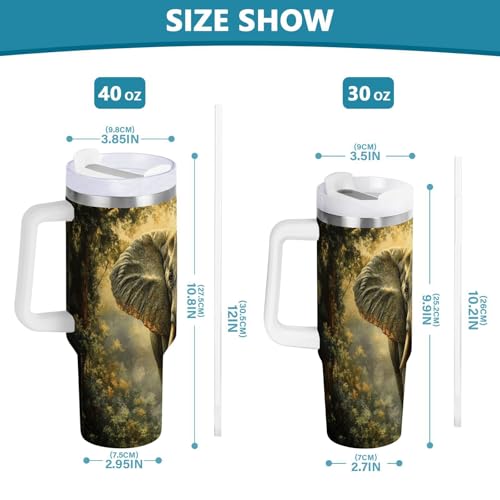 Jihqo Jungle Elephant 40 oz Stainless Steel Vacuum Insulated Tumbler with Handle and Straw Lid, Leakproof Water Bottle Double Wall Travel Mug Coffee Cup, Cupholder Friendly