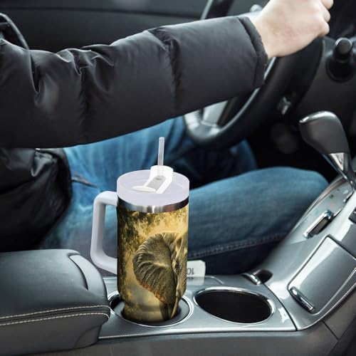 Jihqo Jungle Elephant 40 oz Stainless Steel Vacuum Insulated Tumbler with Handle and Straw Lid, Leakproof Water Bottle Double Wall Travel Mug Coffee Cup, Cupholder Friendly