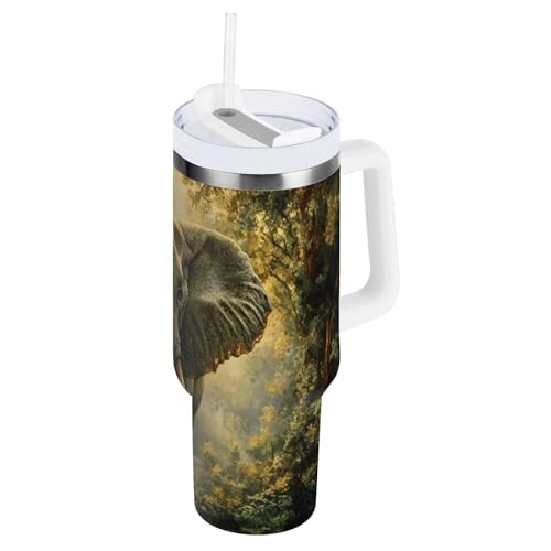 Jihqo Jungle Elephant 40 oz Stainless Steel Vacuum Insulated Tumbler with Handle and Straw Lid, Leakproof Water Bottle Double Wall Travel Mug Coffee Cup, Cupholder Friendly